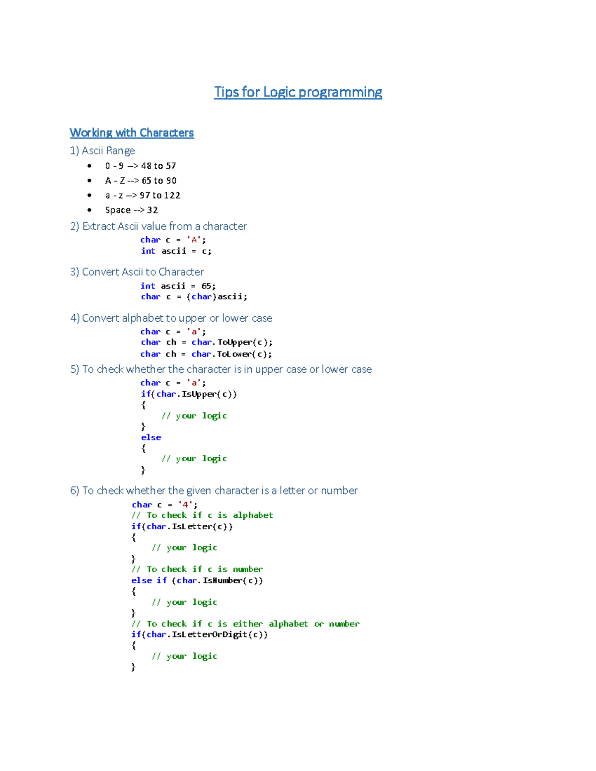 Tips for Logic programming - Tips for Logic programming Working with Characters 1) Ascii Range 0 ...