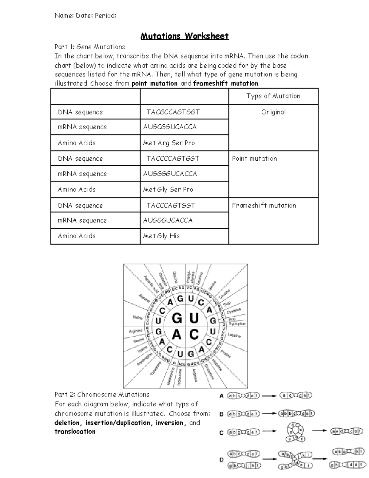Unit 6.7 Mutation WS - answers - Name: Date: Period: Mutations ...