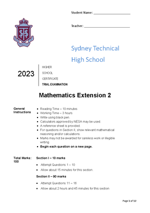 2024 Year 12 Independent Extension 1 Trial with Solutions - 2024 Higher ...