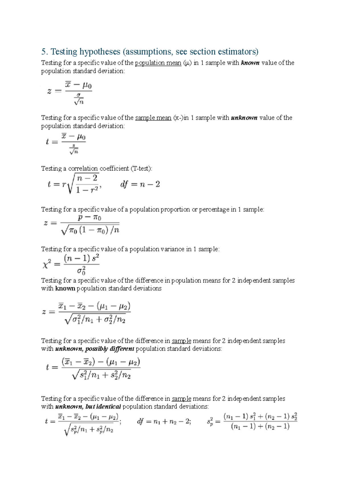 Formulas with explanation for testing hypotheses - 5. Testing ...