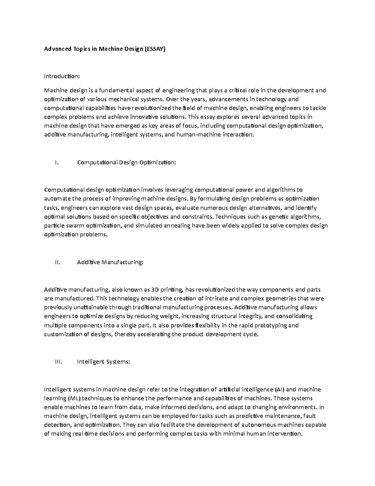 Advanced Topics in Machine Design (Essay) - Advanced Topics in Machine ...