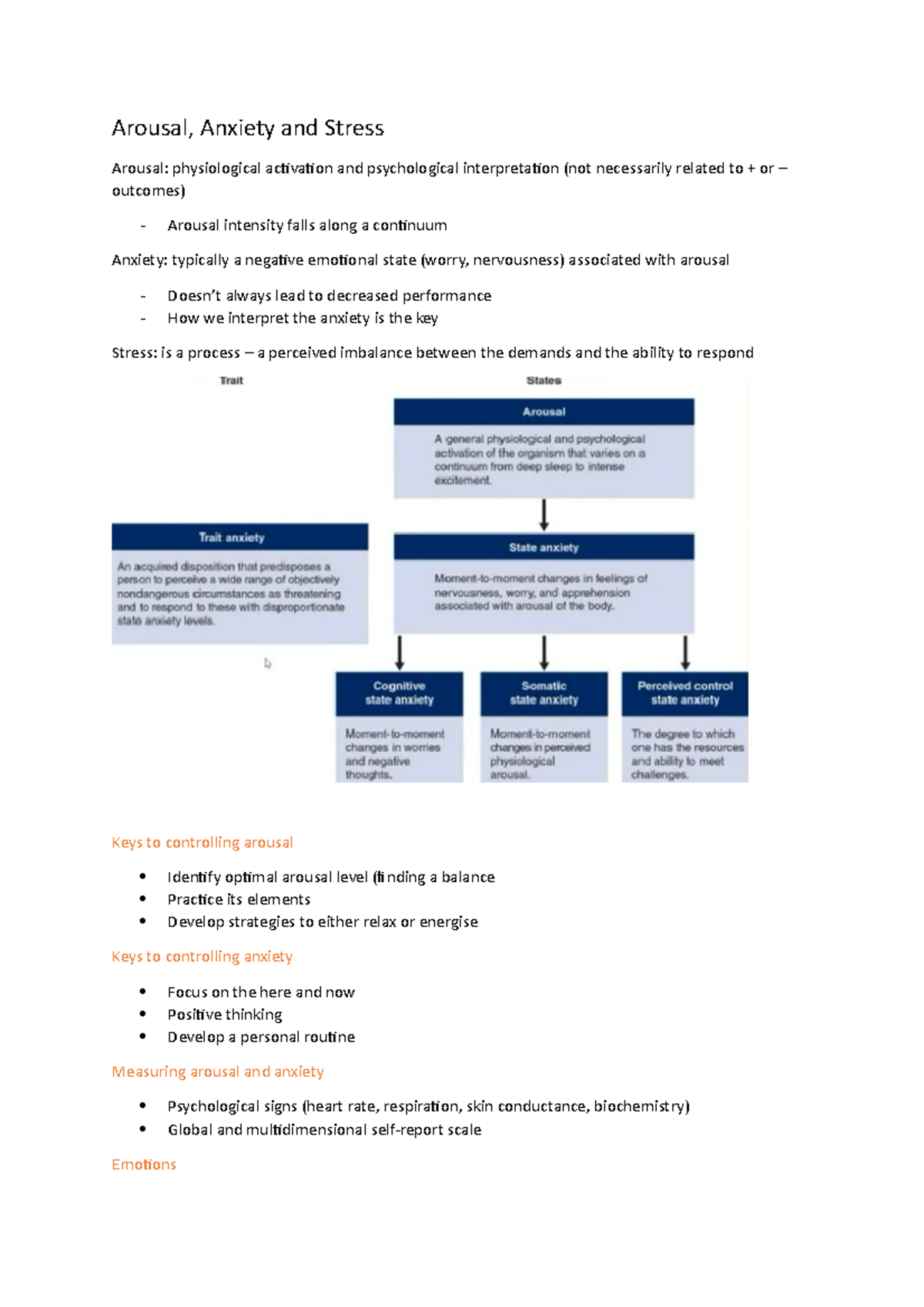 Arousal and anxiety notes - Arousal, Anxiety and Stress Arousal ...