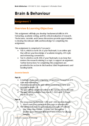 PSY10007-SP4-2021-Assignment 1-handout - PSY10007 Brain and Behaviour Assignment 1 - Essay ...