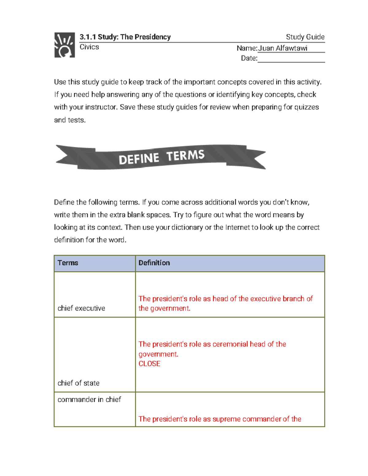 3.1.1 Study - The Presidency (Study guide) - 3.1 Study: The Presidency ...