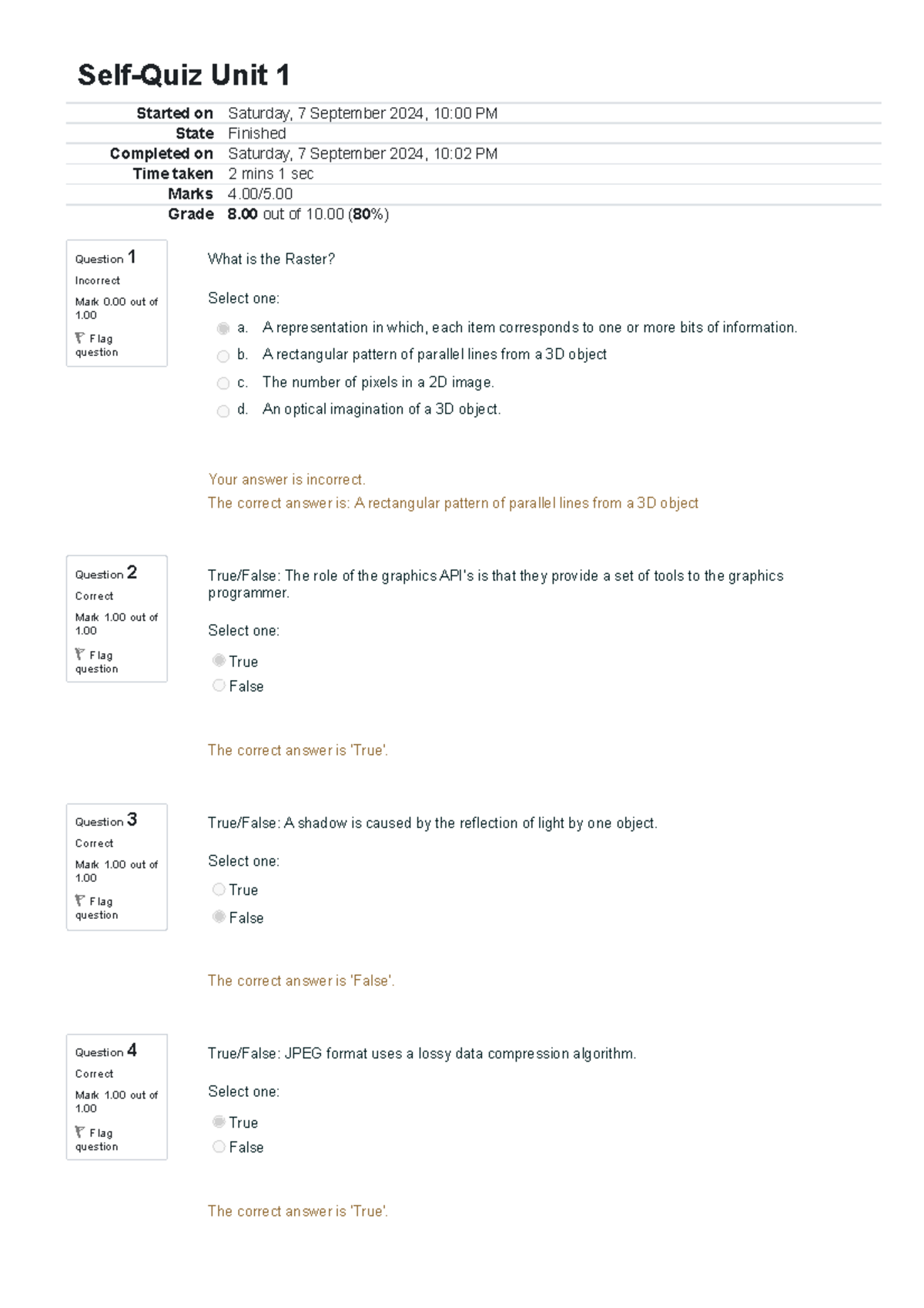 Self-Quiz Unit 1 Attempt 3 - Question 1 Incorrect Mark 0 out of1. question Flag Question 2 ...