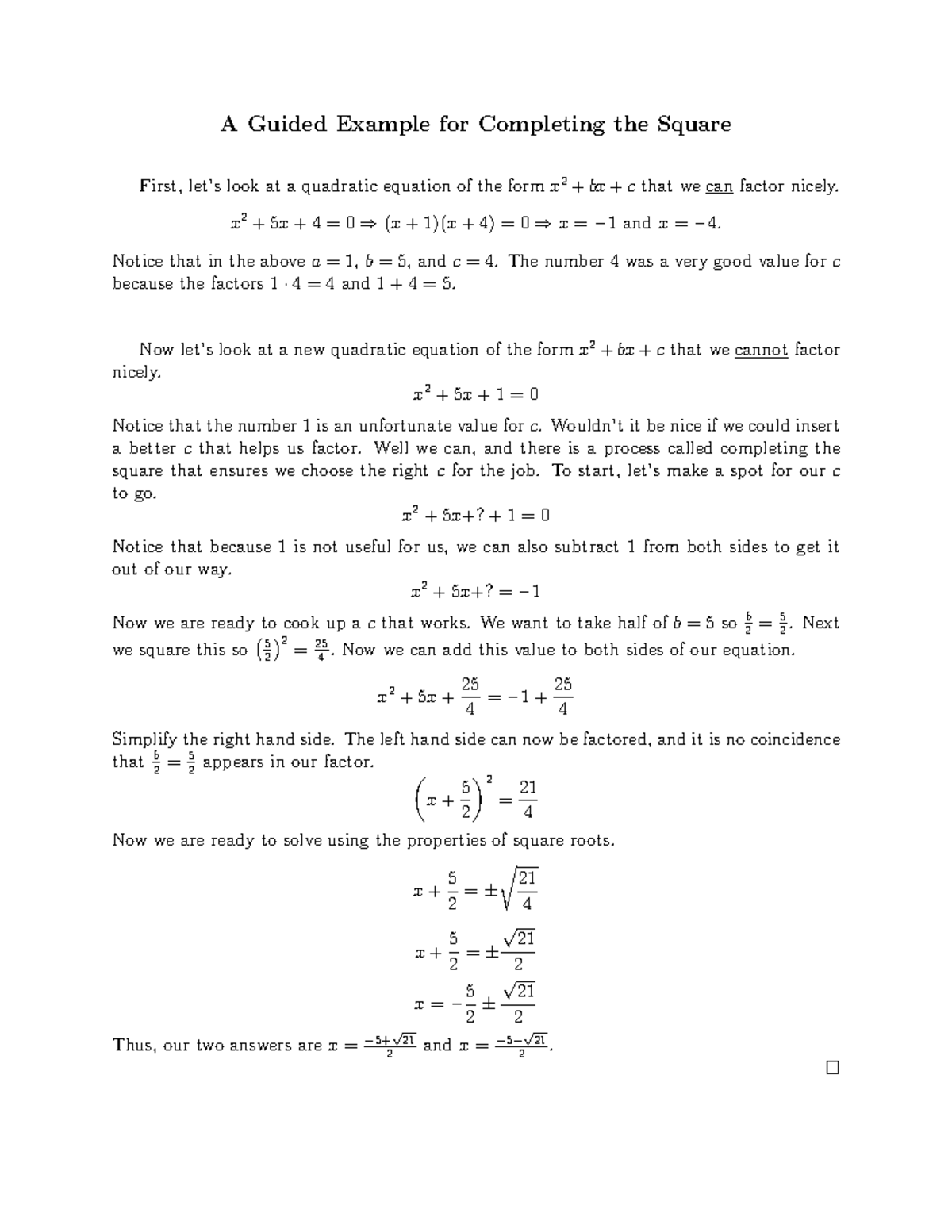 Comp The Square Example - A Guided Example for Completing the Square ...