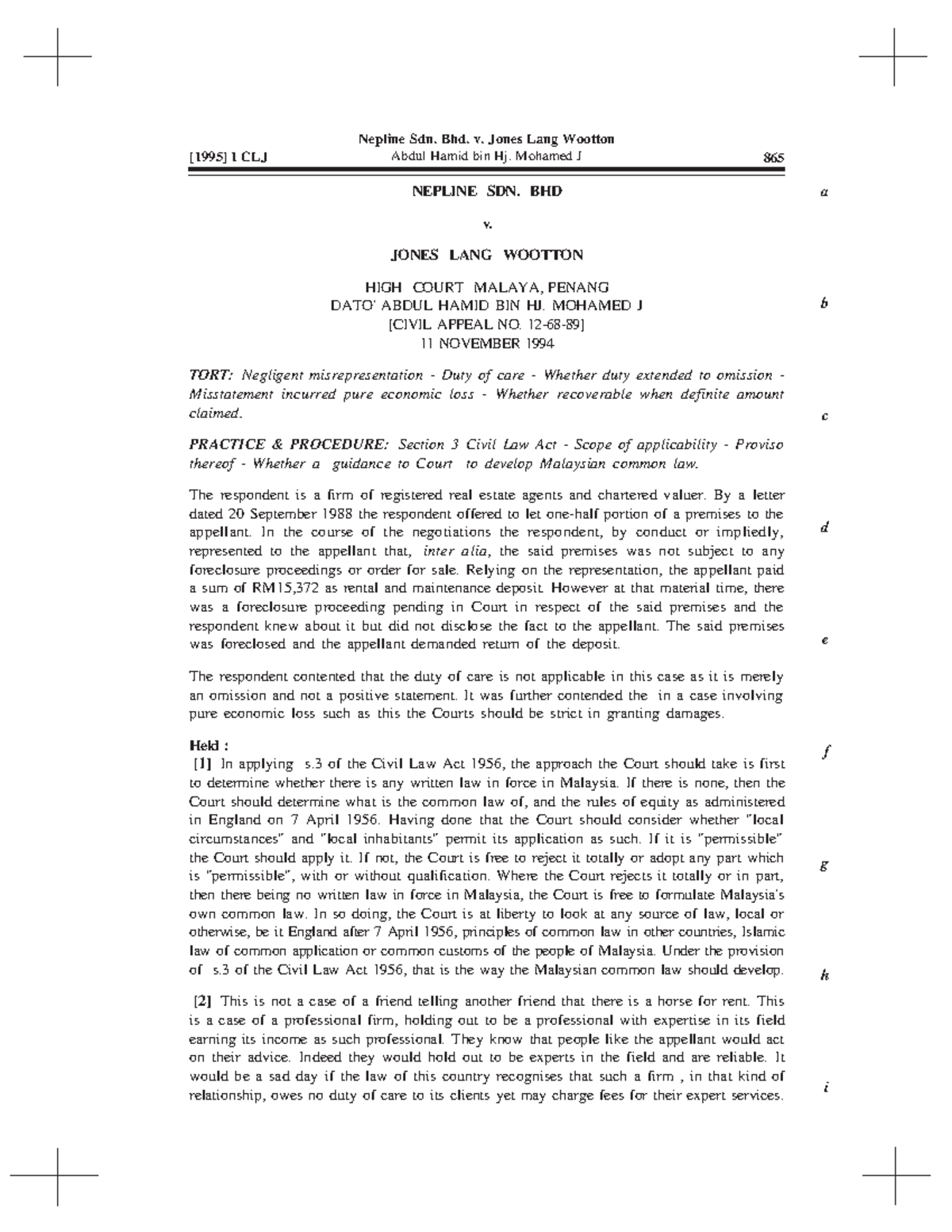 CLJ 1995 1 865 libmonash - a b c d e f g h i [1995] 1 CLJ 865 Nepline Sdn. Bhd. v. Jones Lang ...