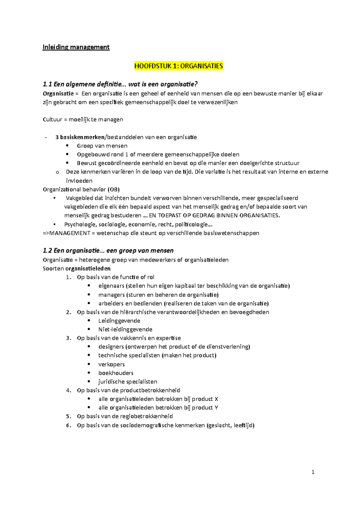 Leerdoelen kaders in handboek - Inleiding management HOOFDSTUK 1 ...