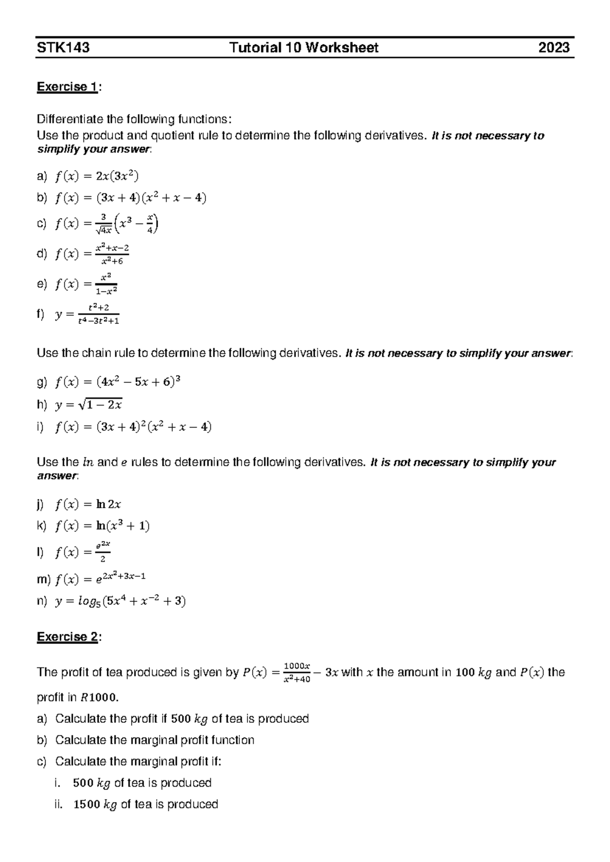 STK143 - Tutorial 10 Worksheet - 2023 - STK 143 Tutorial 10 Worksheet ...