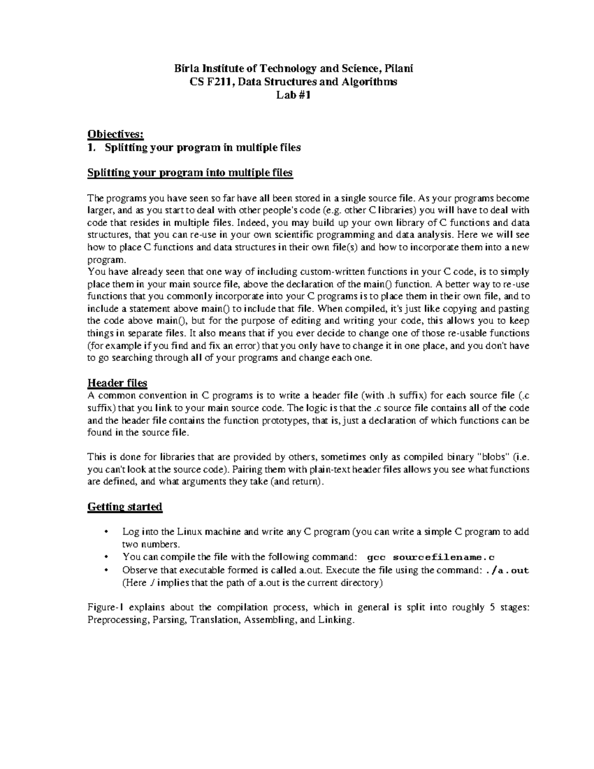 Lab1 - lab - Birla Institute of Technology and Science, Pilani CS F211, Data Structures and ...
