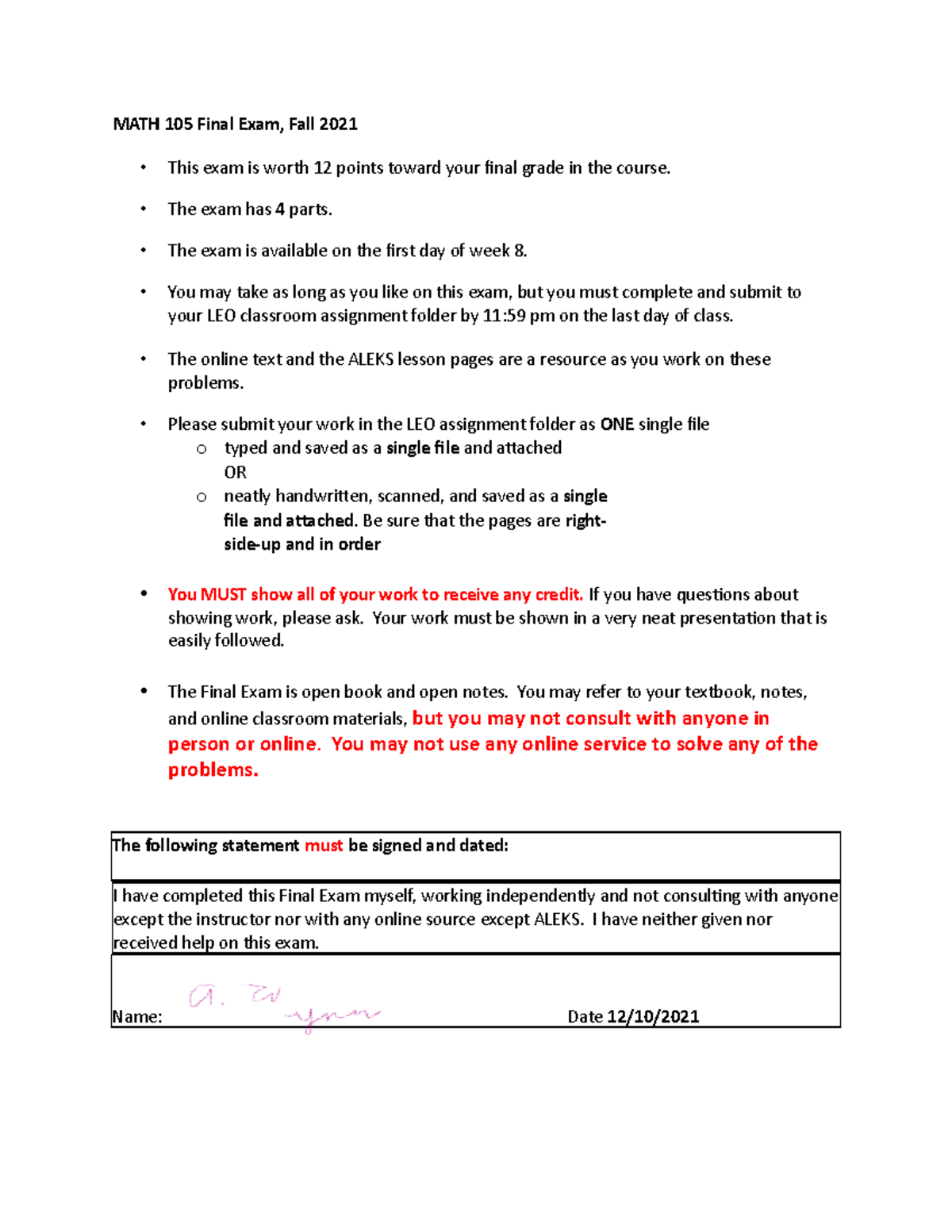 Final Exam MATH MATH 105 Topics For Mathematical Literacy MATH 105 
