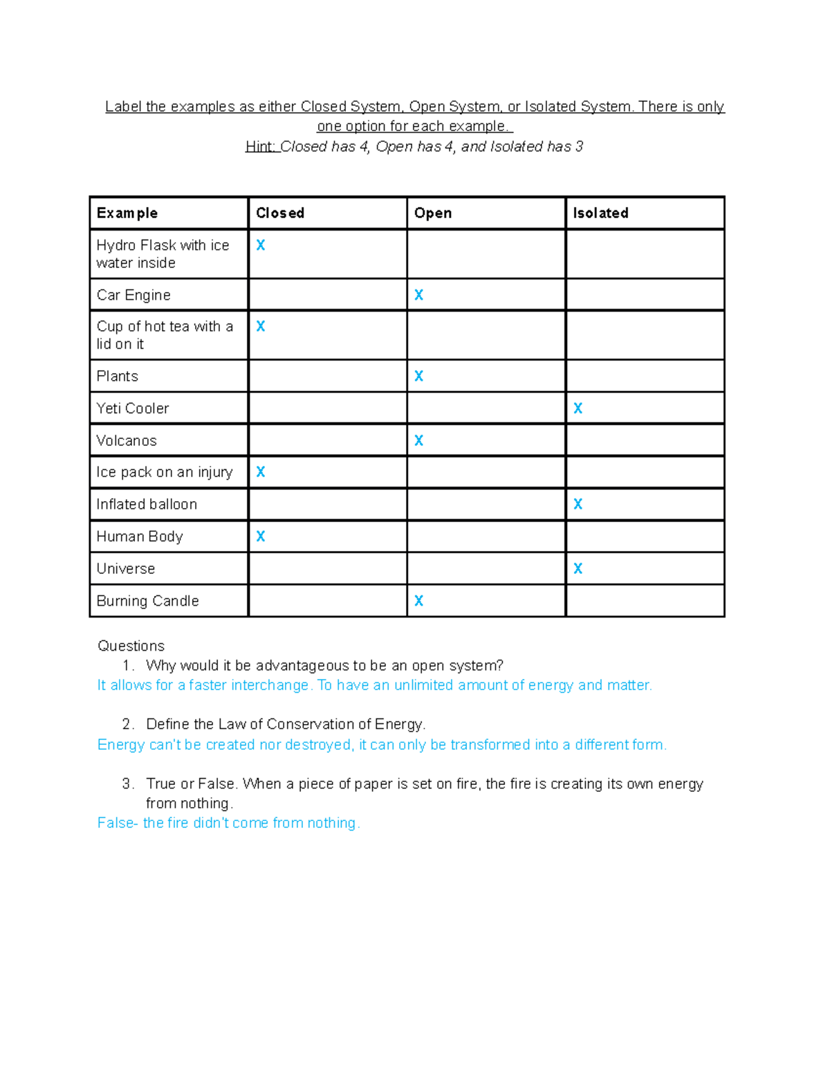 Copy of Energy Systems Worksheet - Label the examples as either Closed ...