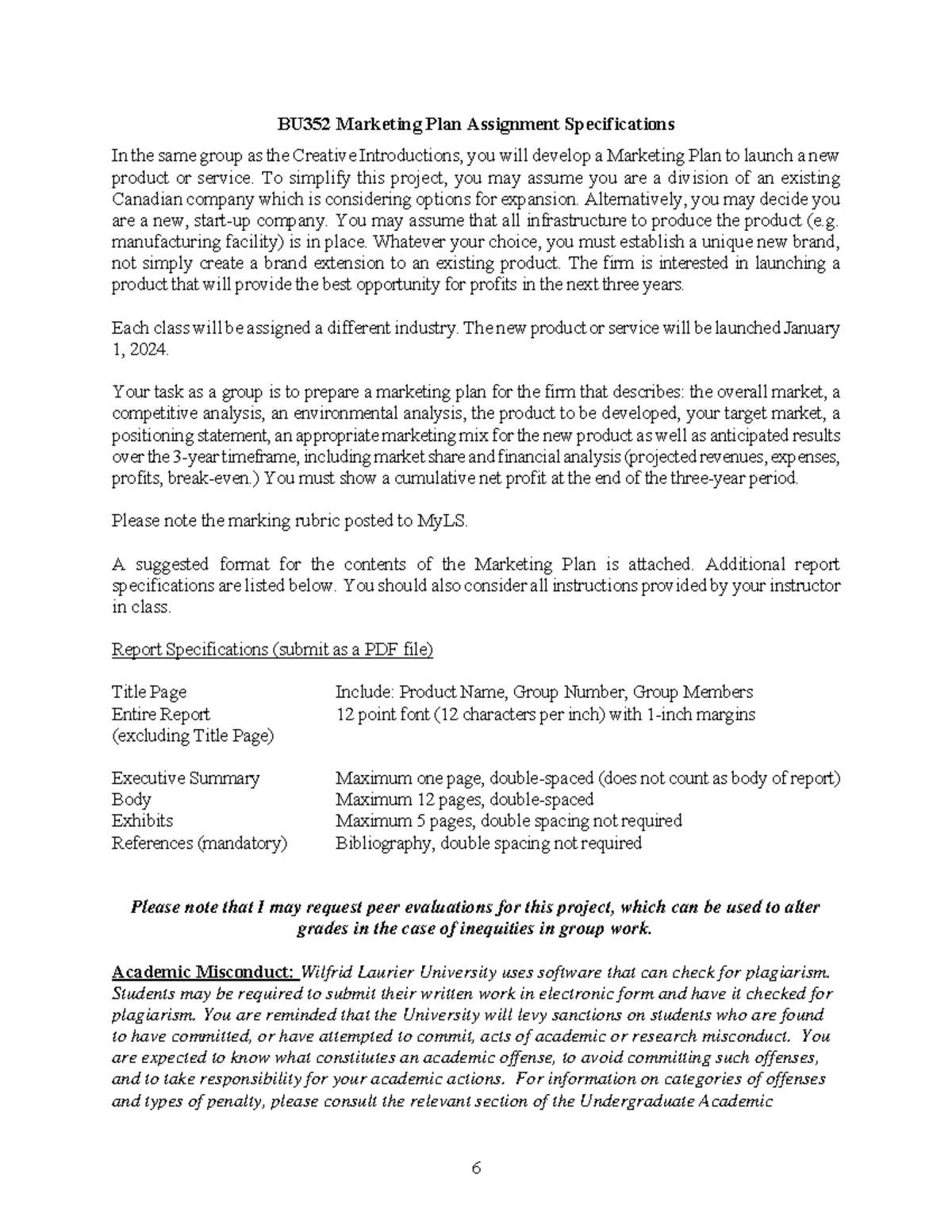 BU352 Marketing Plan Project Guidelines and Assignment Specifications ...
