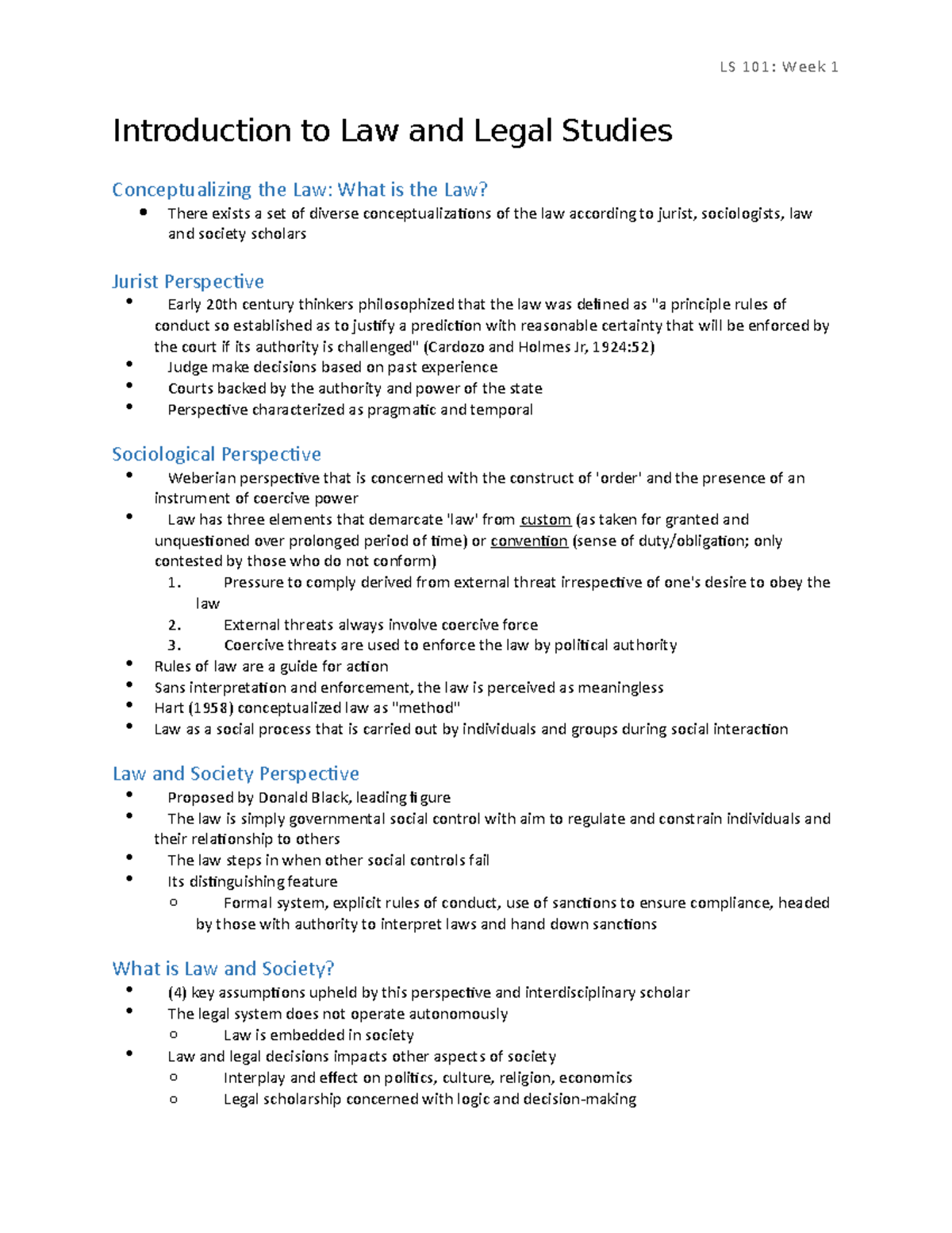 Week 1 - Intro to Law and Legal Studies - LS 101: Week 1 Introduction ...