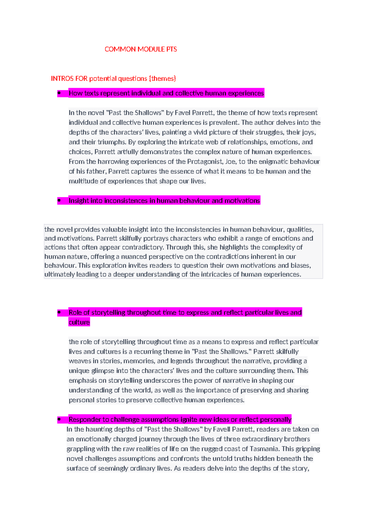 past the shallows - COMMON MODULE PTS INTROS FOR potential questions ...