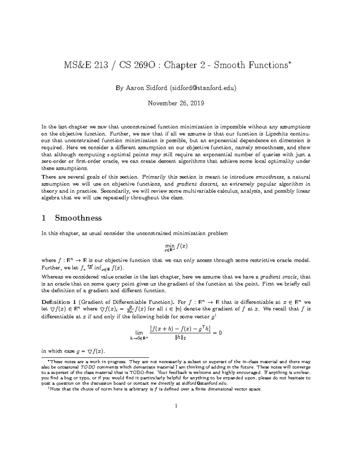 Sidford mse213 2019 fa chap 2 smoothness - MS&E 213 / CS 269O : Chapter ...