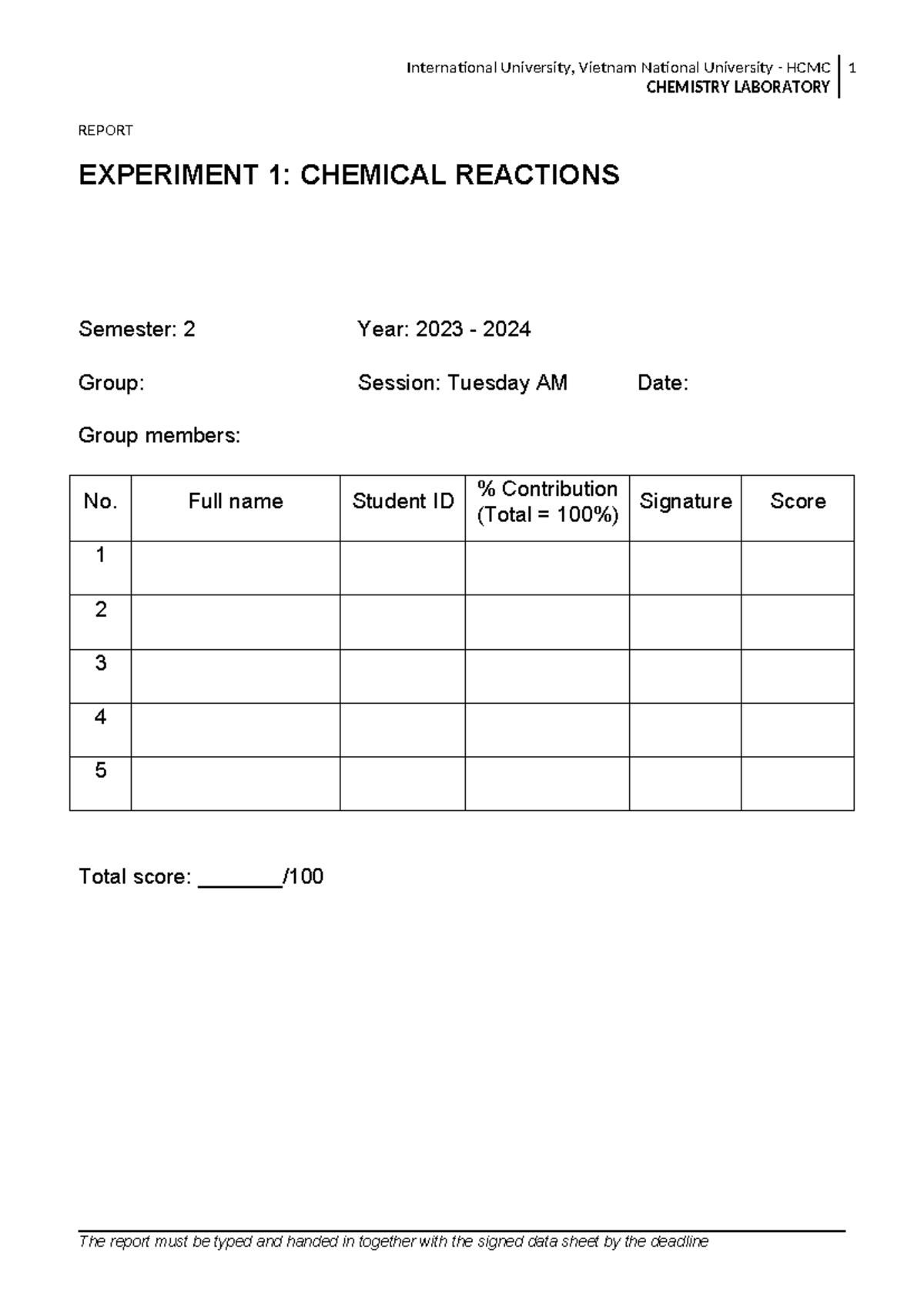 Chem Lab Report 1 Guideline - CHEMISTRY LABORATORY REPORT EXPERIMENT 1 ...