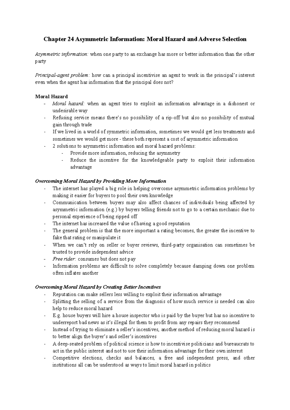 Chapter 24 Asymmetric Information Moral Hazard and Adverse Selection ...