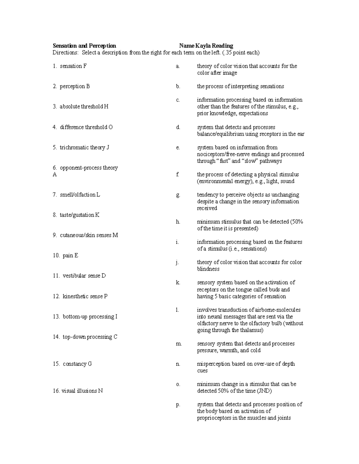 3 Sensation & Perception - Sensation and Perception Name Kayla Reading ...