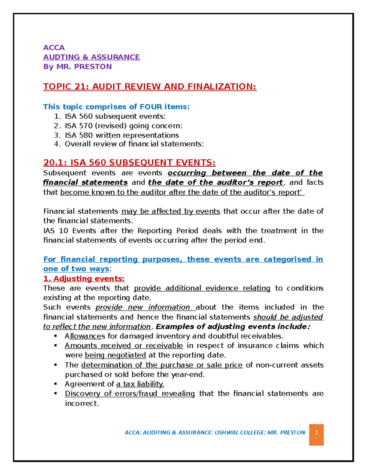 AA Topic 21 - Notes - ACCA AUDTING & ASSURANCE By MR. PRESTON TOPIC 21 ...