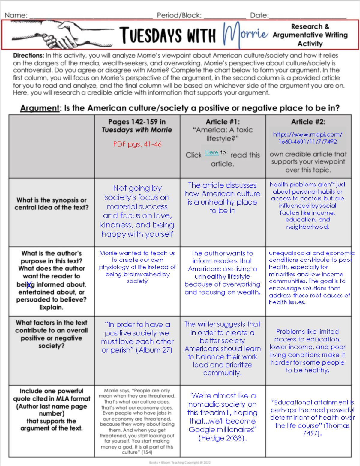Copy of Students Tuesdays with Morrie Research & Argumentative Writing ...