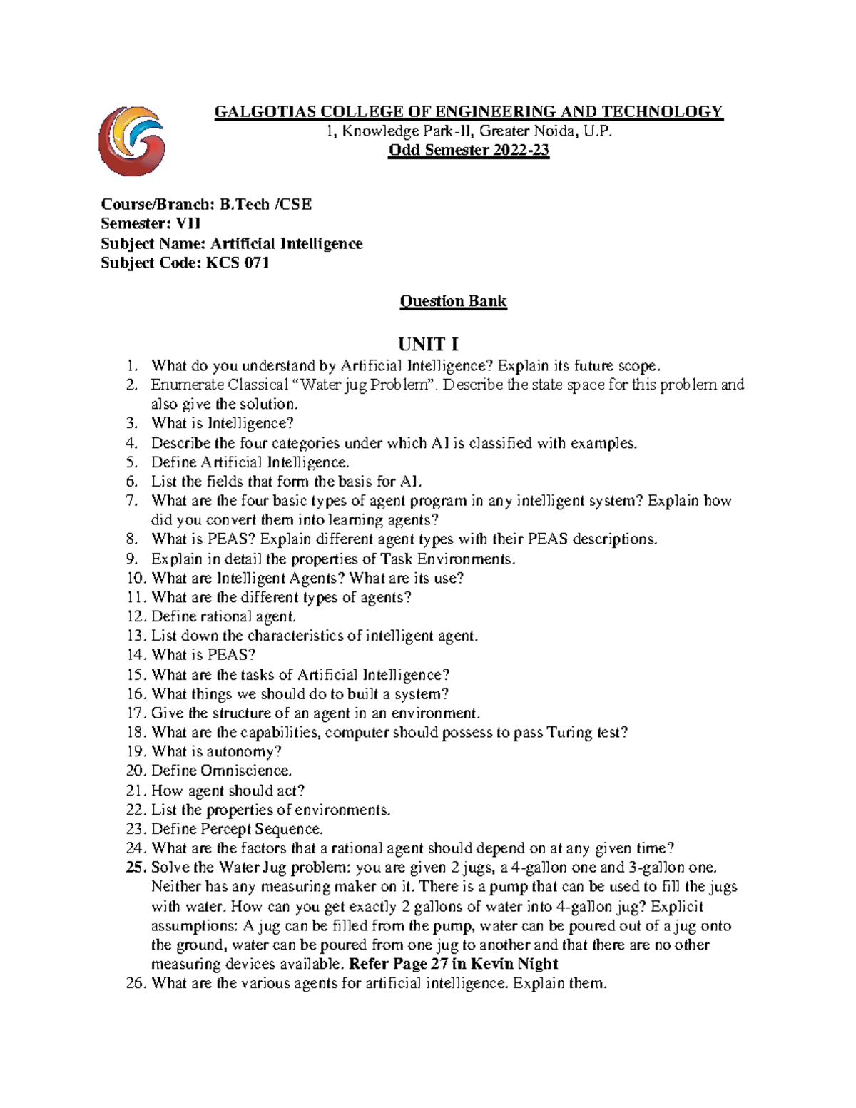 Question Bank - AI KCS 071 - GALGOTIAS COLLEGE OF ENGINEERING AND ...