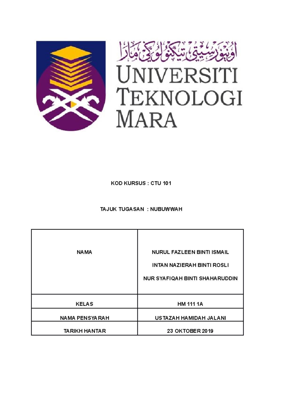 CTU 101 FULL Assignment - KOD KURSUS : CTU 101 TAJUK TUGASAN : NUBUWWAH ...