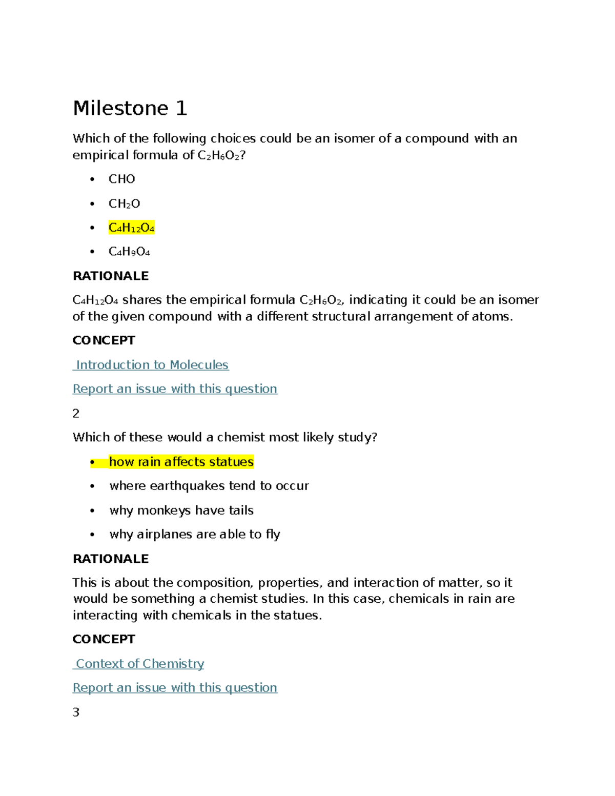 Chemistry Milestones 1-4 - Milestone 1 Which of the following choices ...