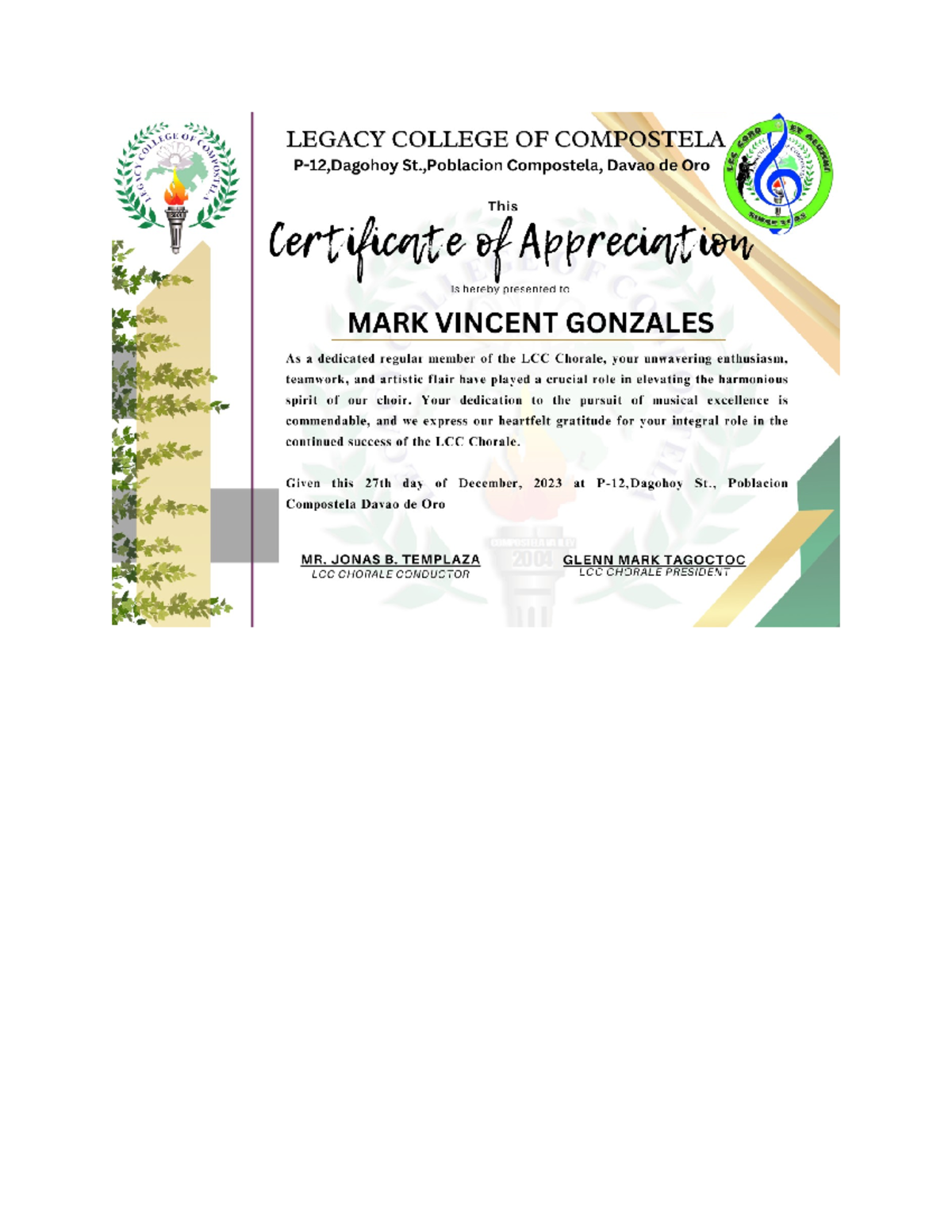 Mark vincent - N/A - LEGACY COLLEGE OF COMPOSTELA some St.,Poblacion ...
