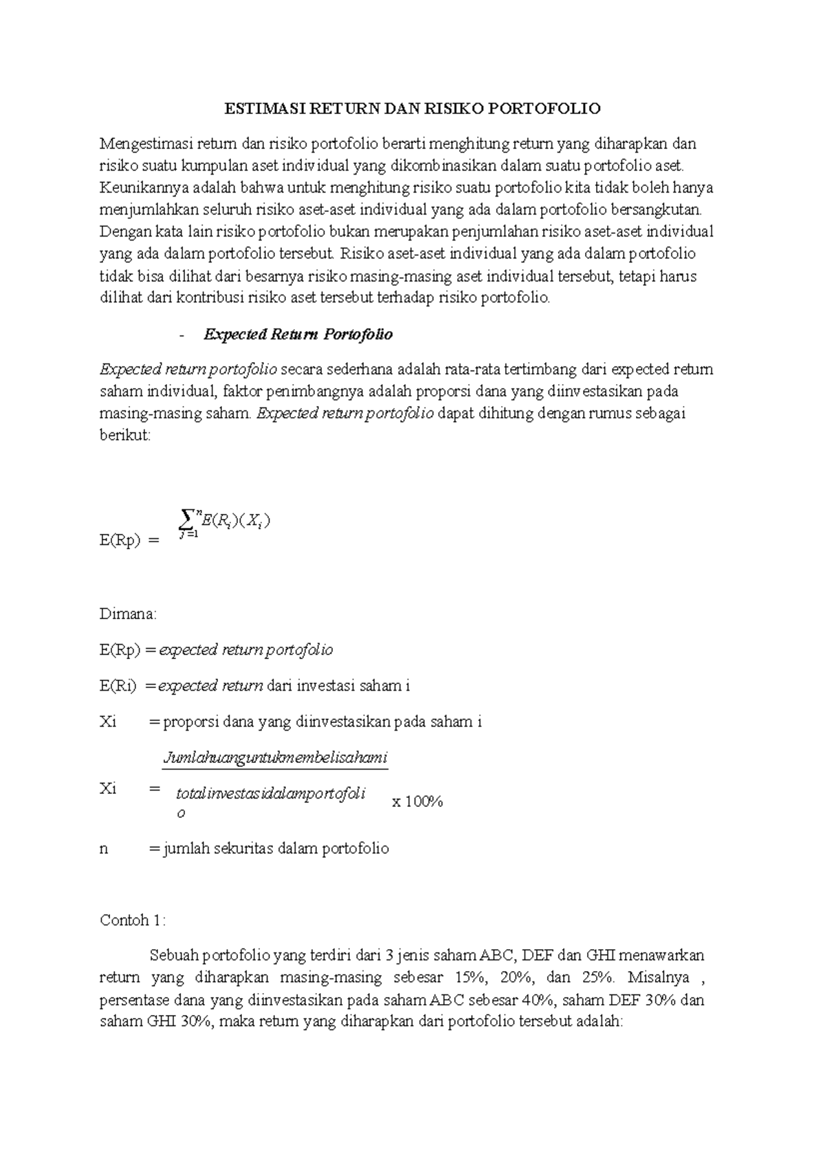 Estimasi Return Dan Risiko Portofolio - ESTIMASI RETURN DAN RISIKO ...