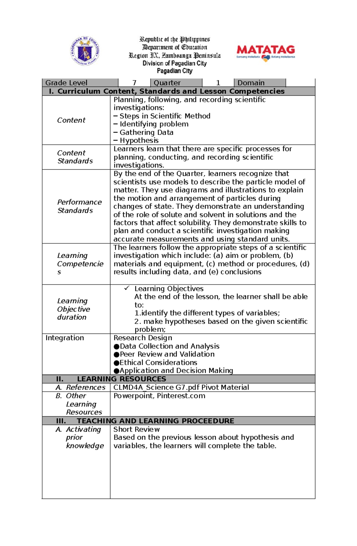 Matatag Lesson PLAN Science 7 Blank Template - Grade Level 7 Quarter 1 ...