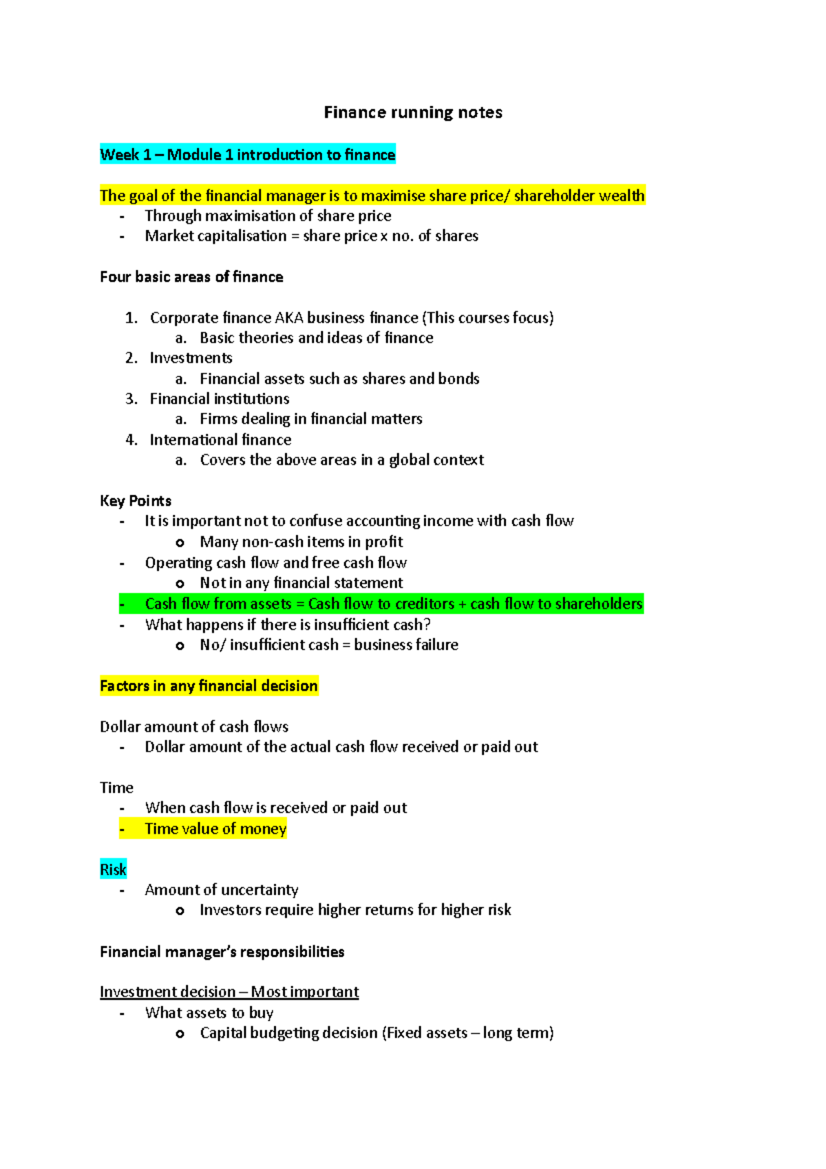 Finance running notes - of shares Four basic areas of finance 1 ...