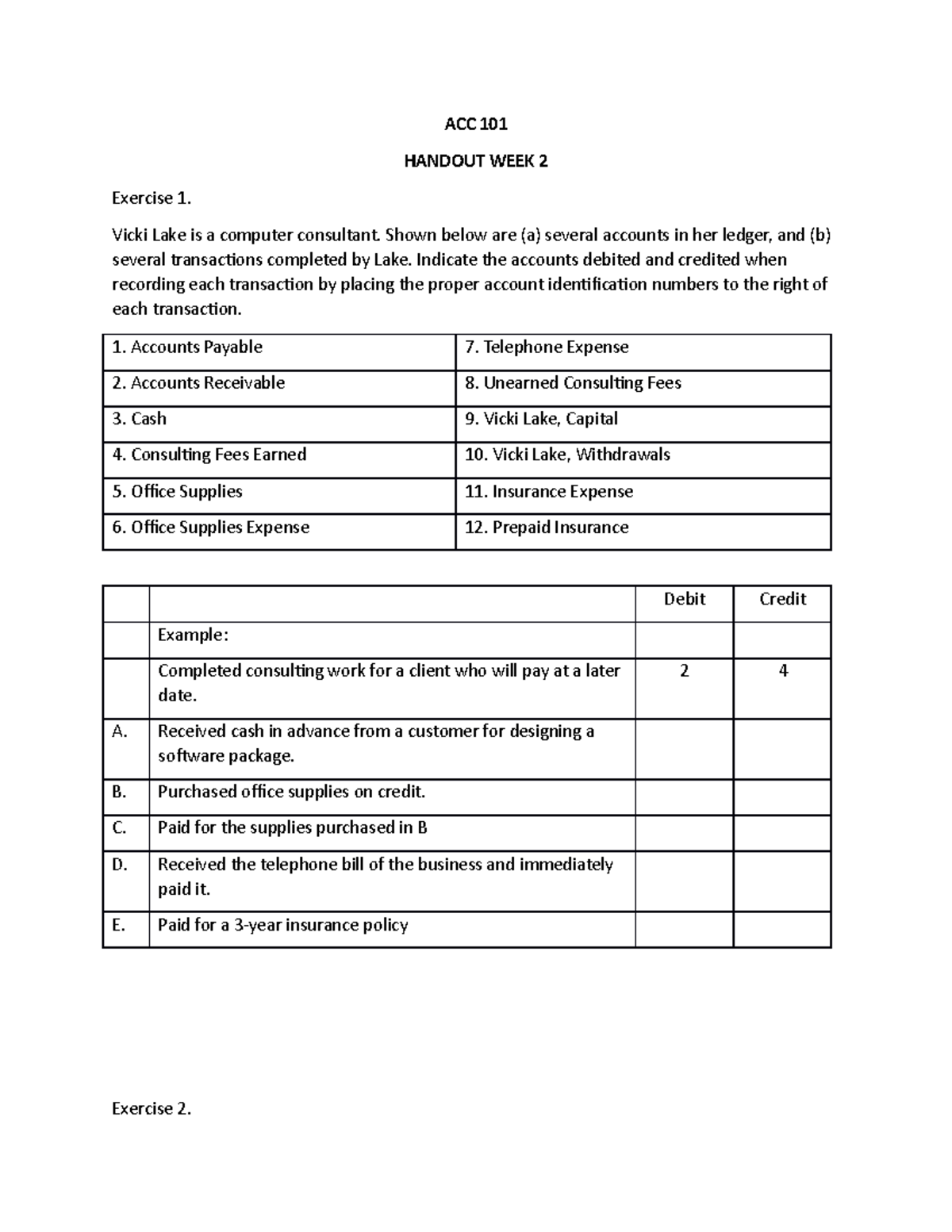 Handout Week 2 - Assignment - ACC 101 HANDOUT WEEK 2 Exercise 1. Vicki ...