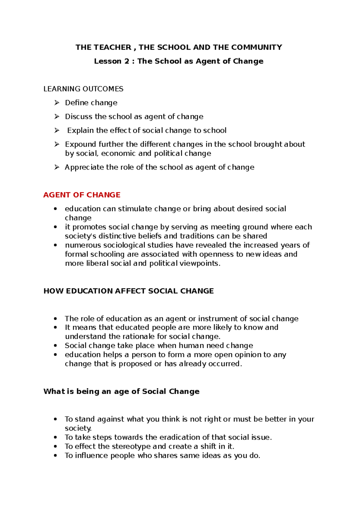 Lesson 2 The School as Agent of Change - THE TEACHER , THE SCHOOL AND ...