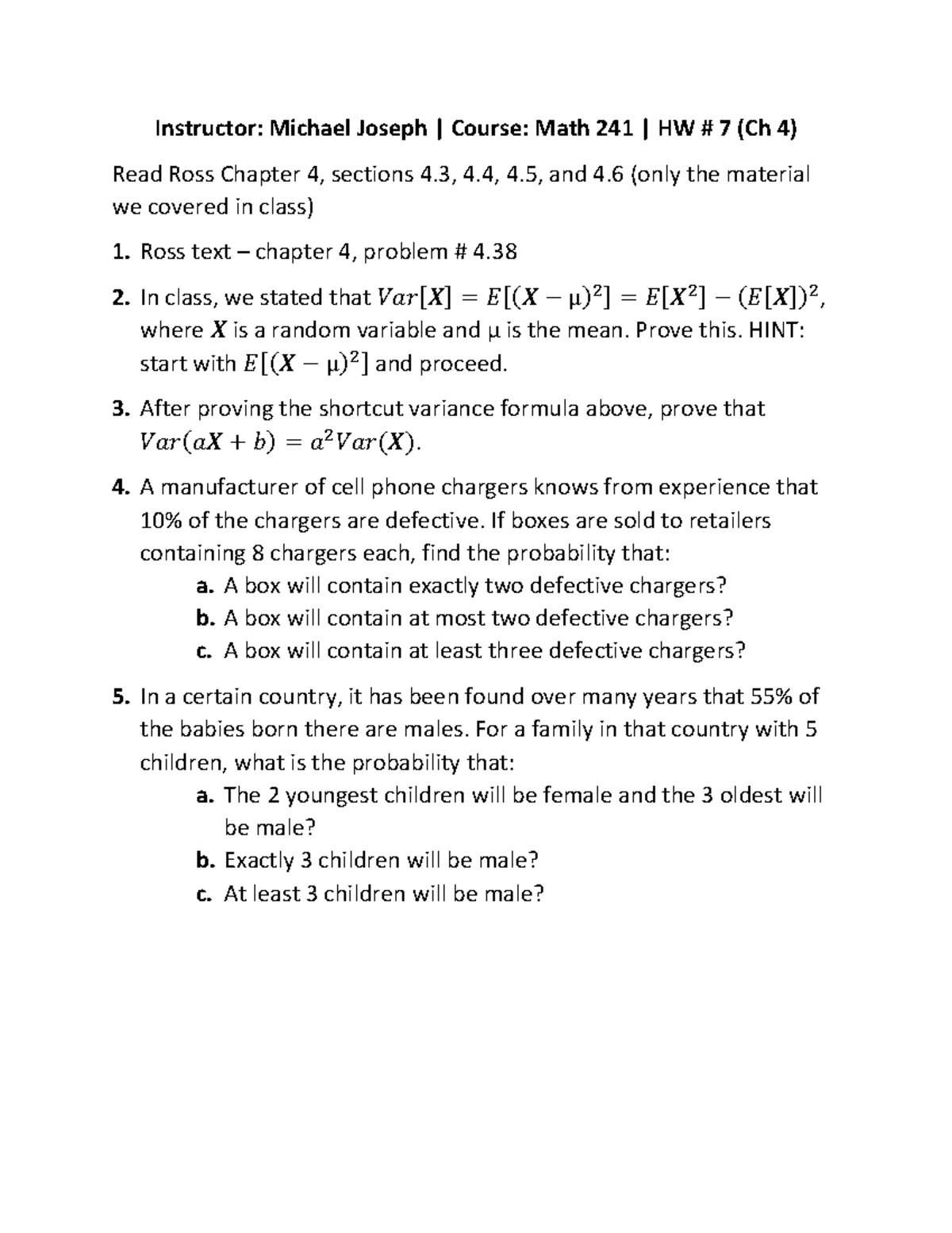 HW #7 - Professor Michael Joseph - Instructor: Michael Joseph | Course ...