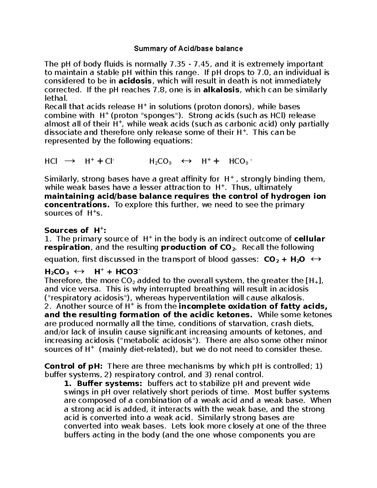 Ap2acidbase 1 - acid base homeostasis - Summary of Acid/base balance ...