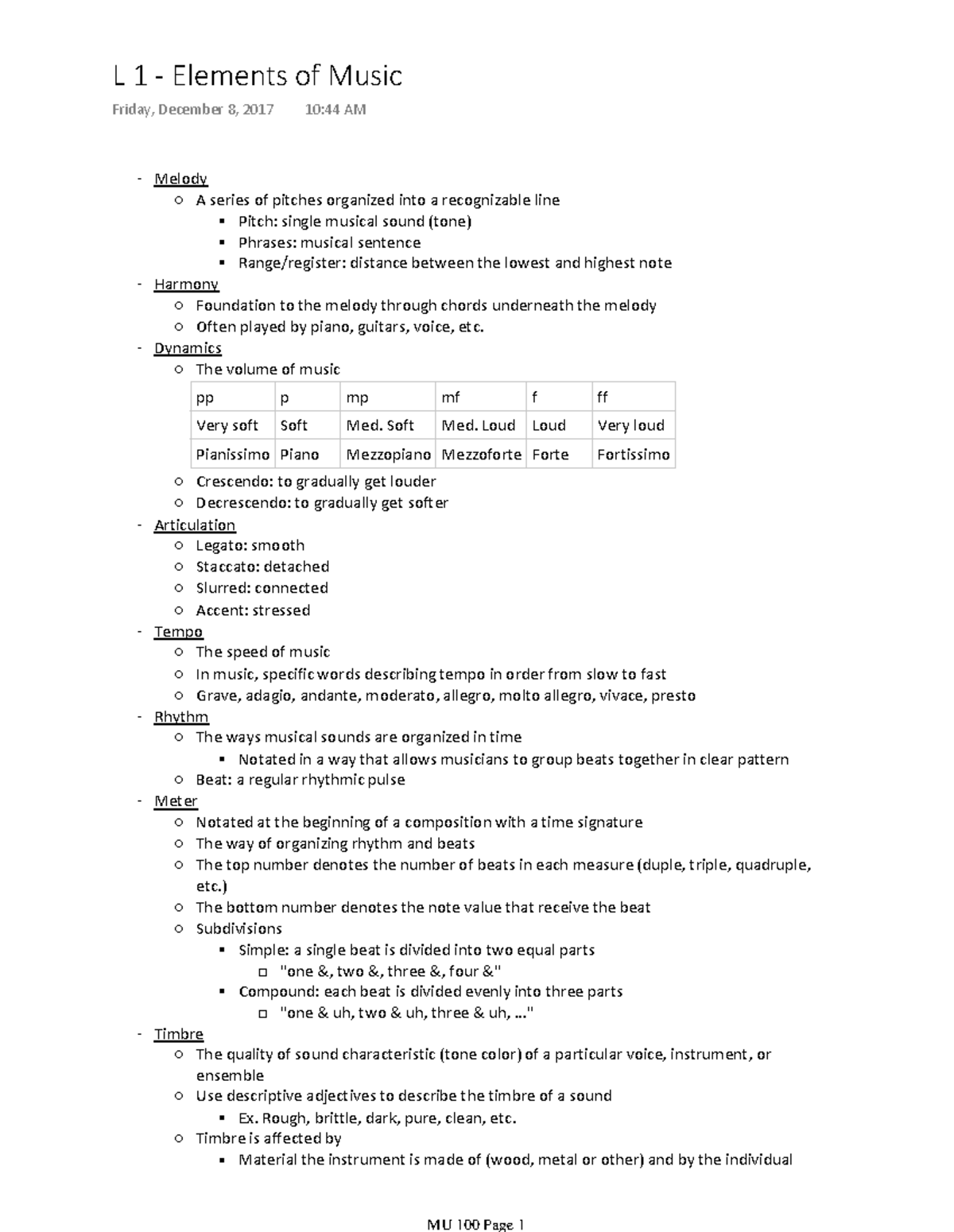 MU100 - Lecture notes 1-15 - L 1 Elements of Music Friday, December 8 ...