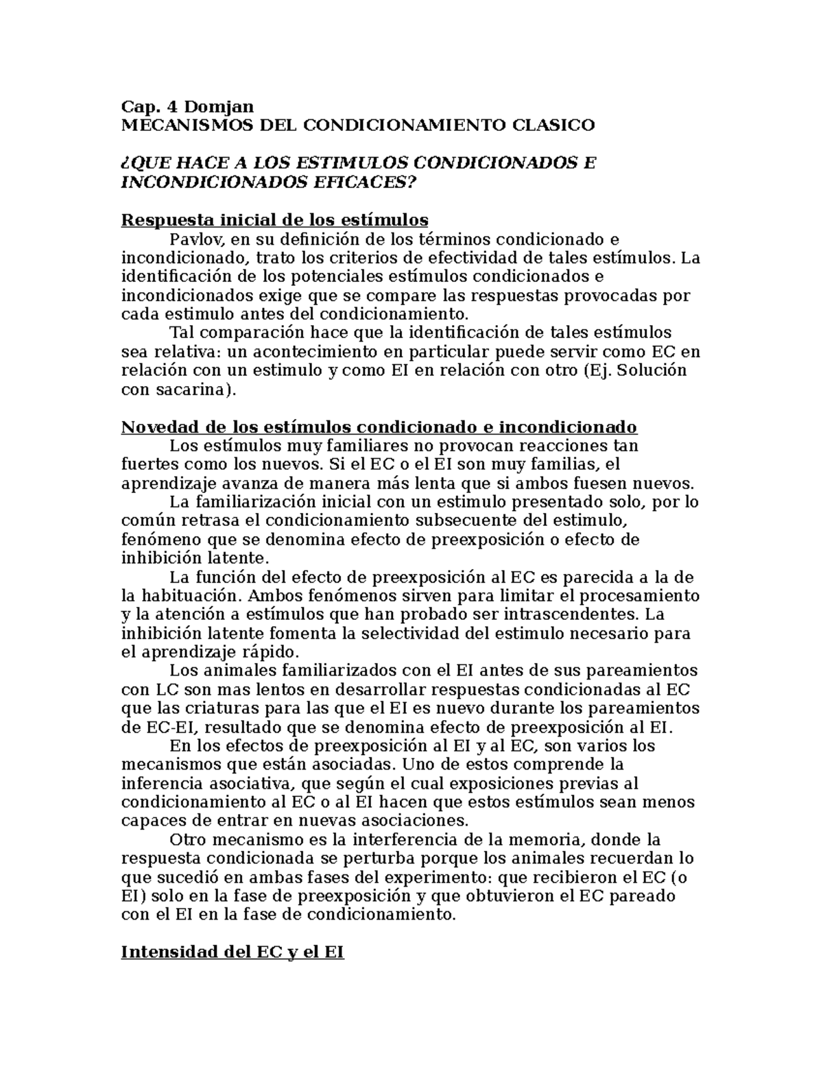 Cap. 4 Domjan - Apuntes tema 4: mecanismos del condicionamiento clásico ...