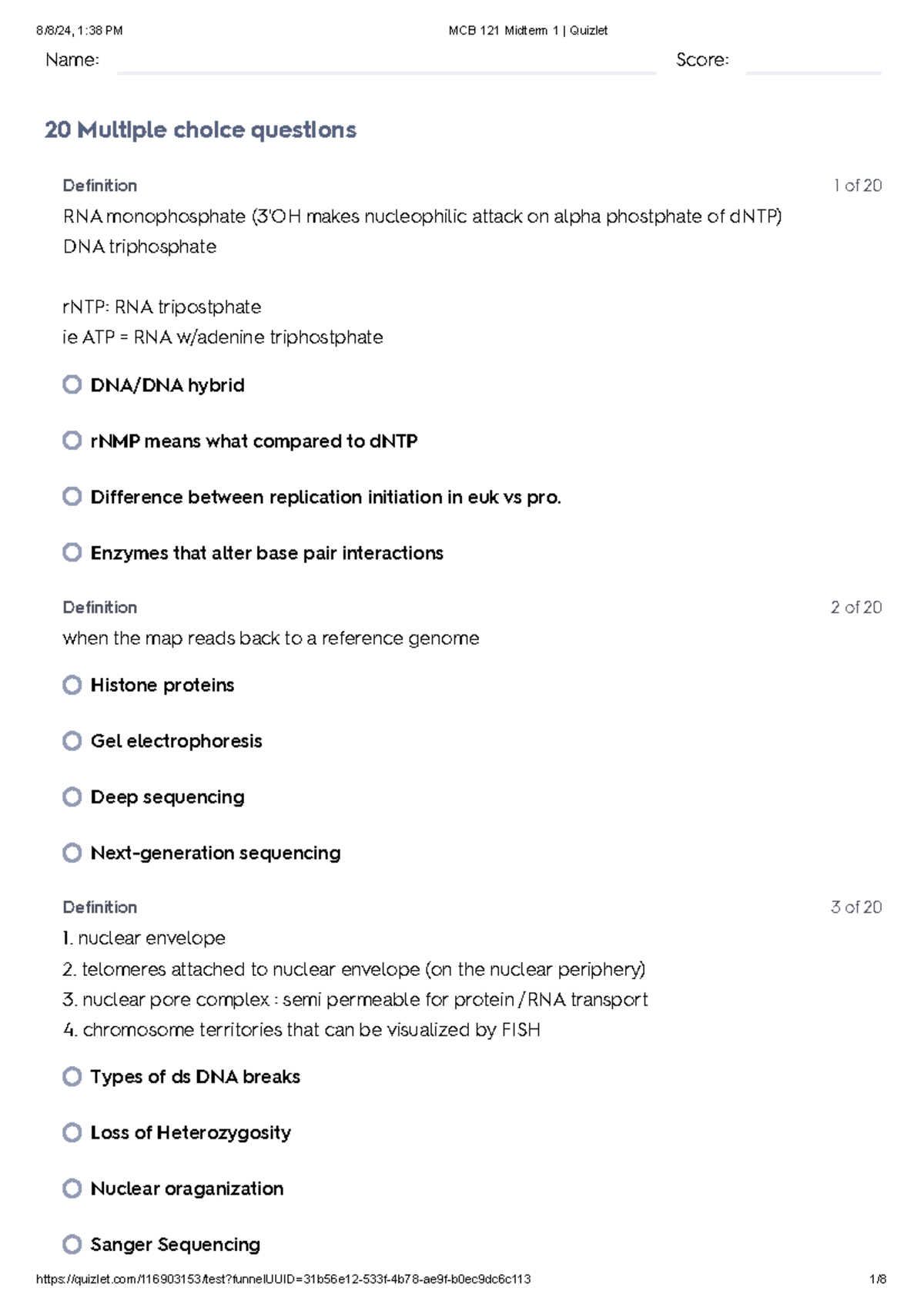MCBN121 Midterm (Practice Test) - Name: Score: 20 Multiple choice ...
