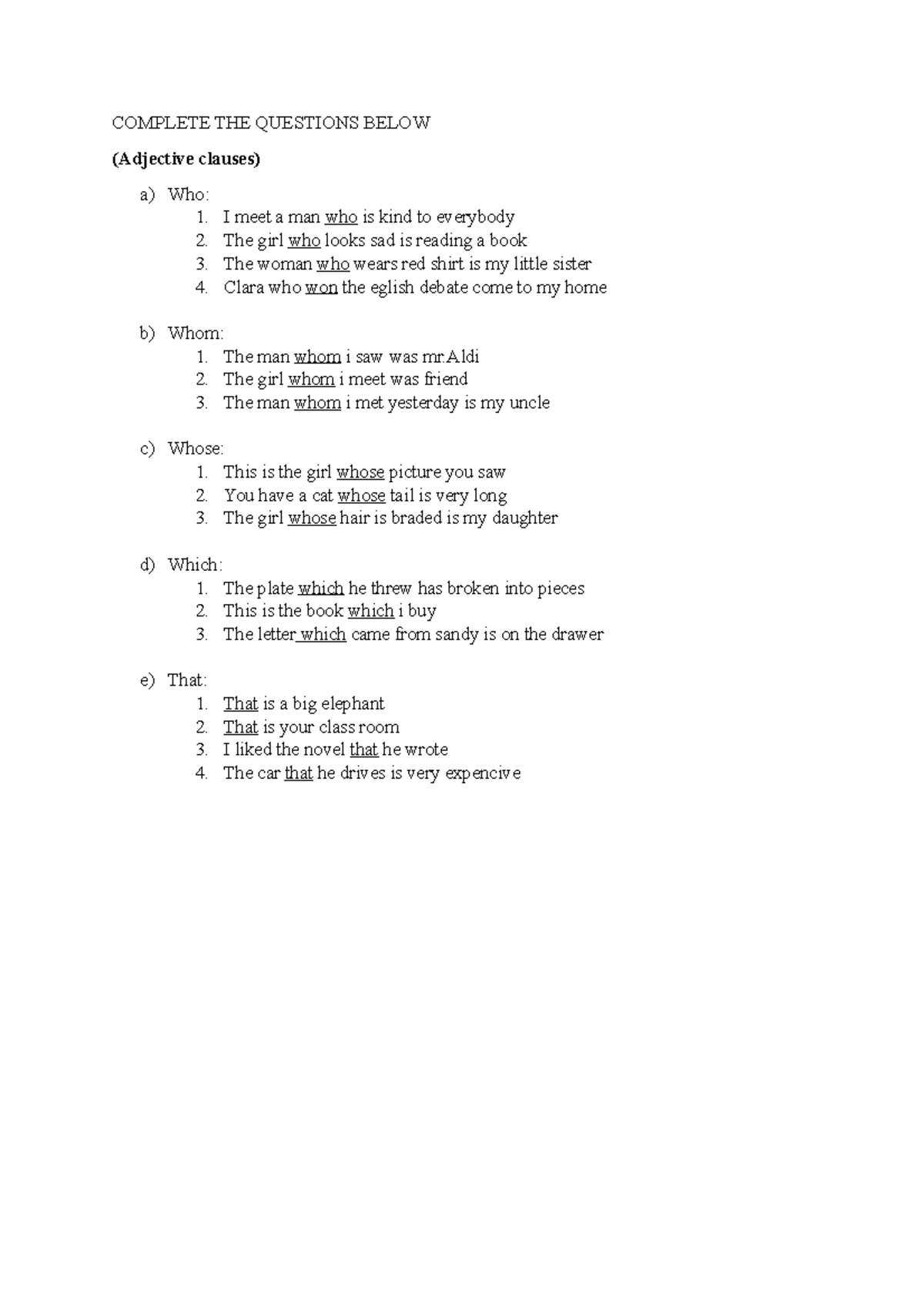 Questions adjactive clause - COMPLETE THE QUESTIONS BELOW (Adjective ...