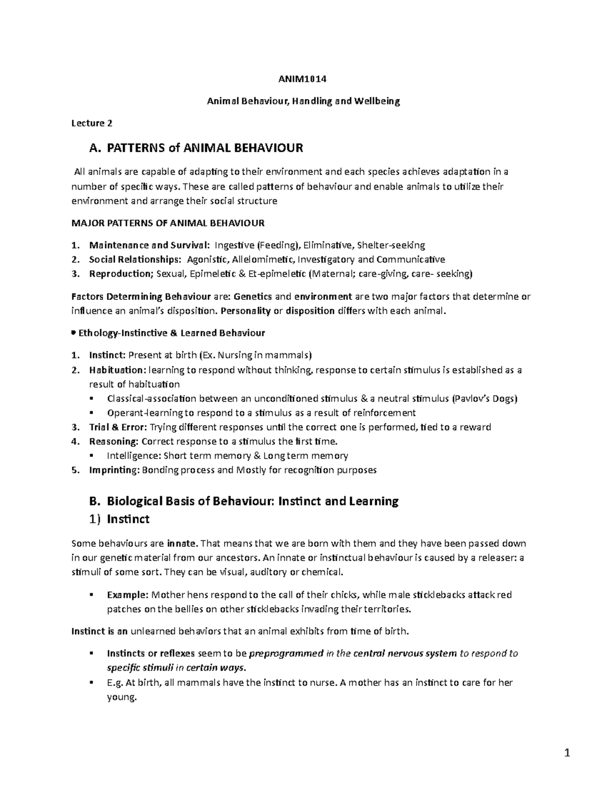 ANIM1014 L2 - Lecture notes 2 - Biological Basis of Behaviour - ANIM ...