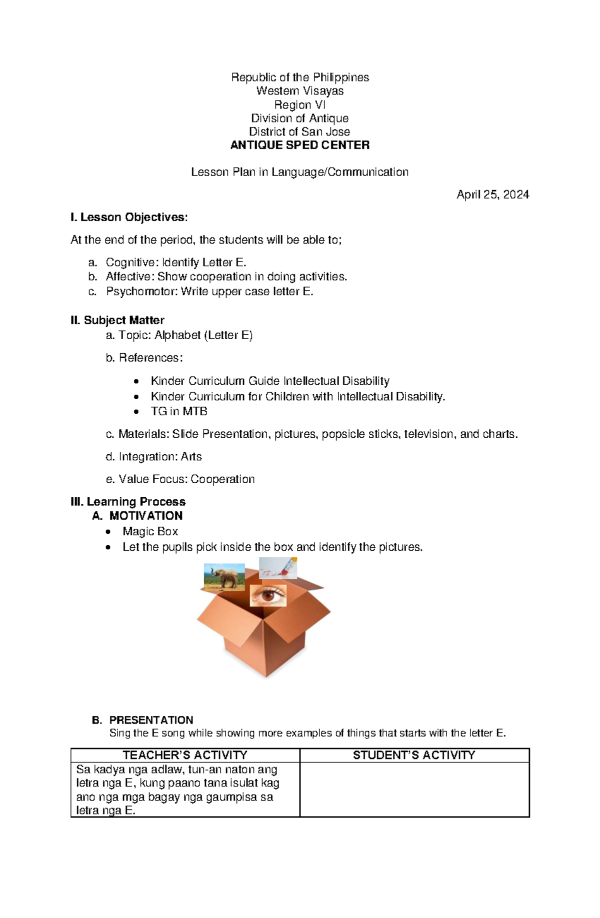 Sample sped dlp - Republic of the Philippines Western Visayas Region VI ...