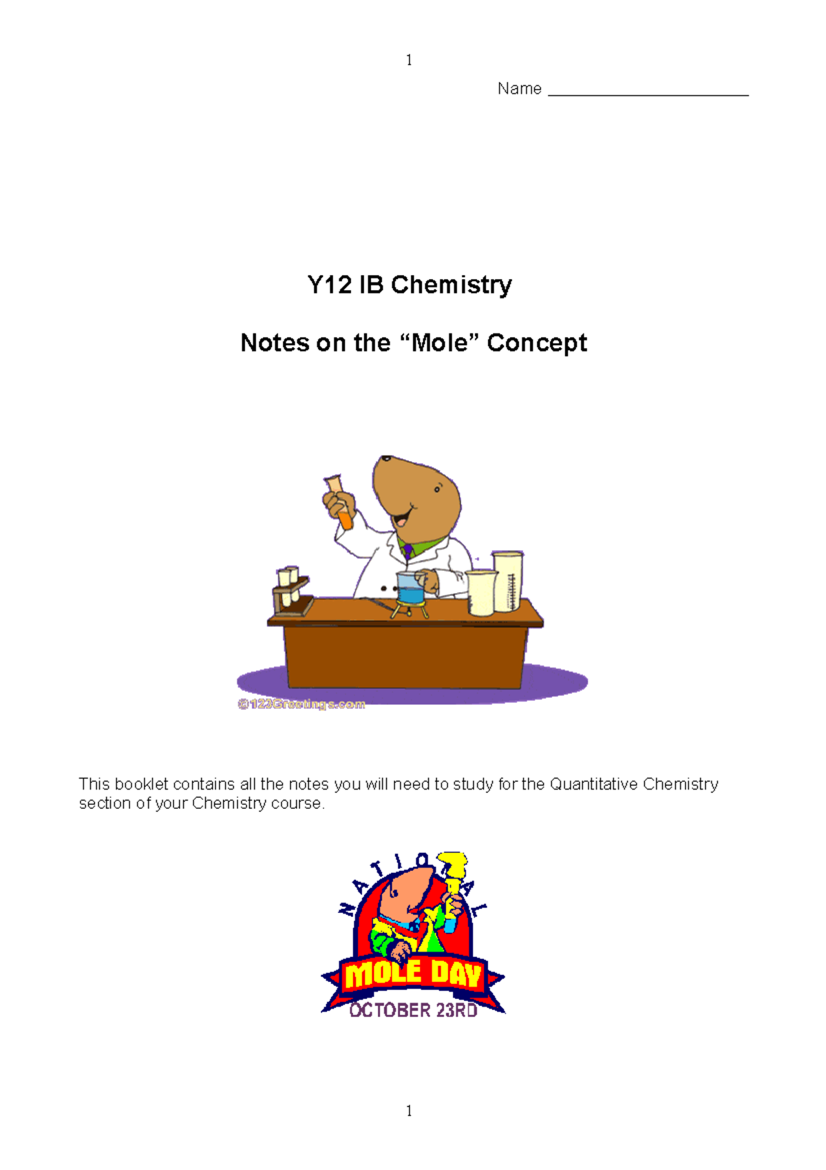 Moles Booklet for Y12 IB chem - Name Y12 IB Chemistry Notes on the ...