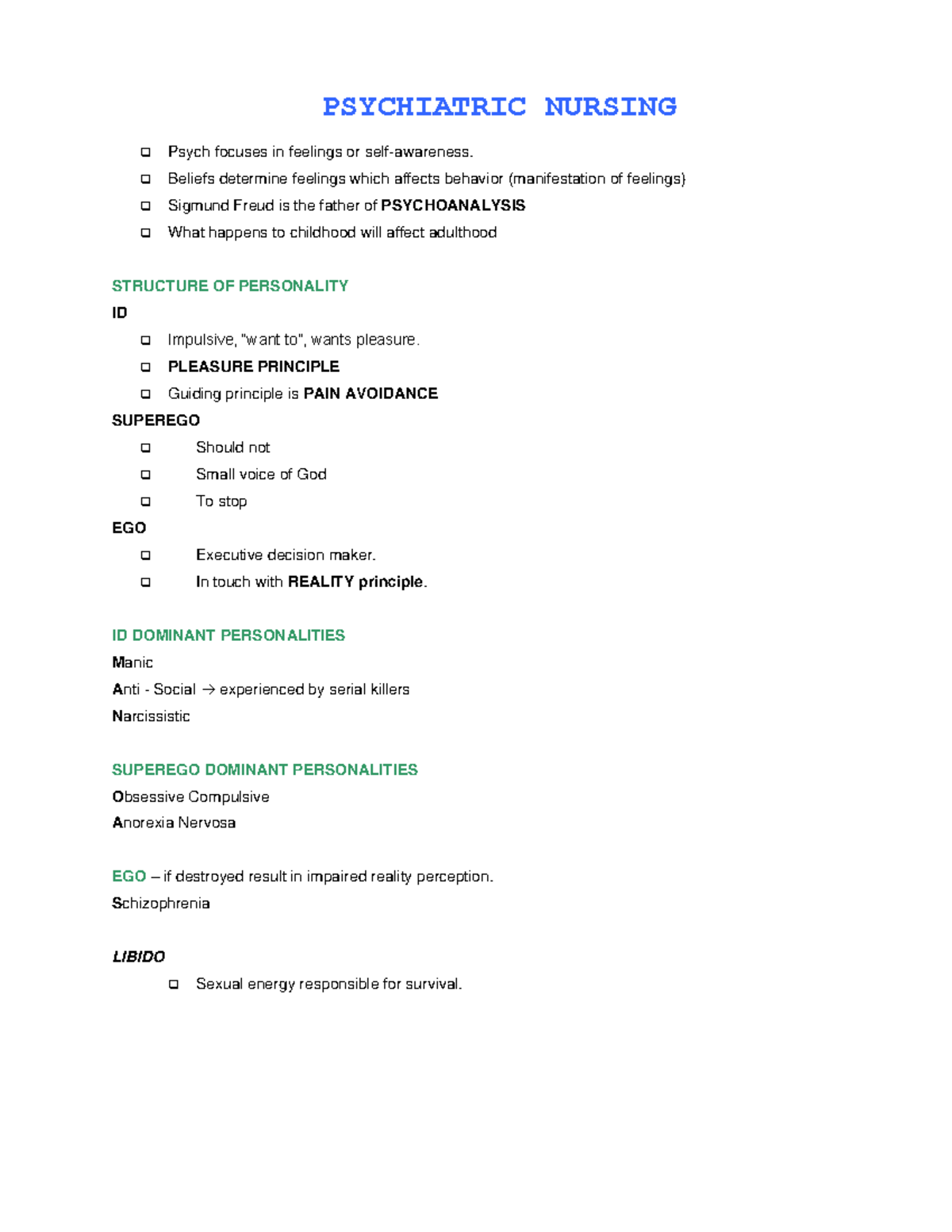 Psychiatric Nursing Lecture Notes - Psychoanalysis - PSYCHIATRIC ...