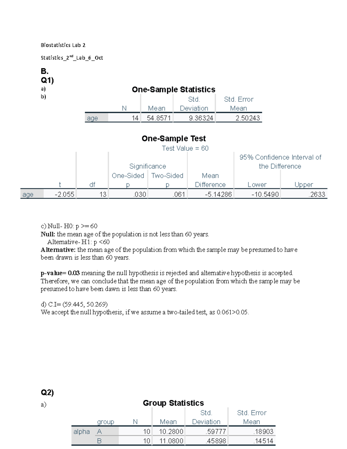 Biostatistics Lab 2 rev - Biostatistics Lab 2 Statistics_2nd_Lab_6_Oct B. Q1) a) b) One-Sample ...