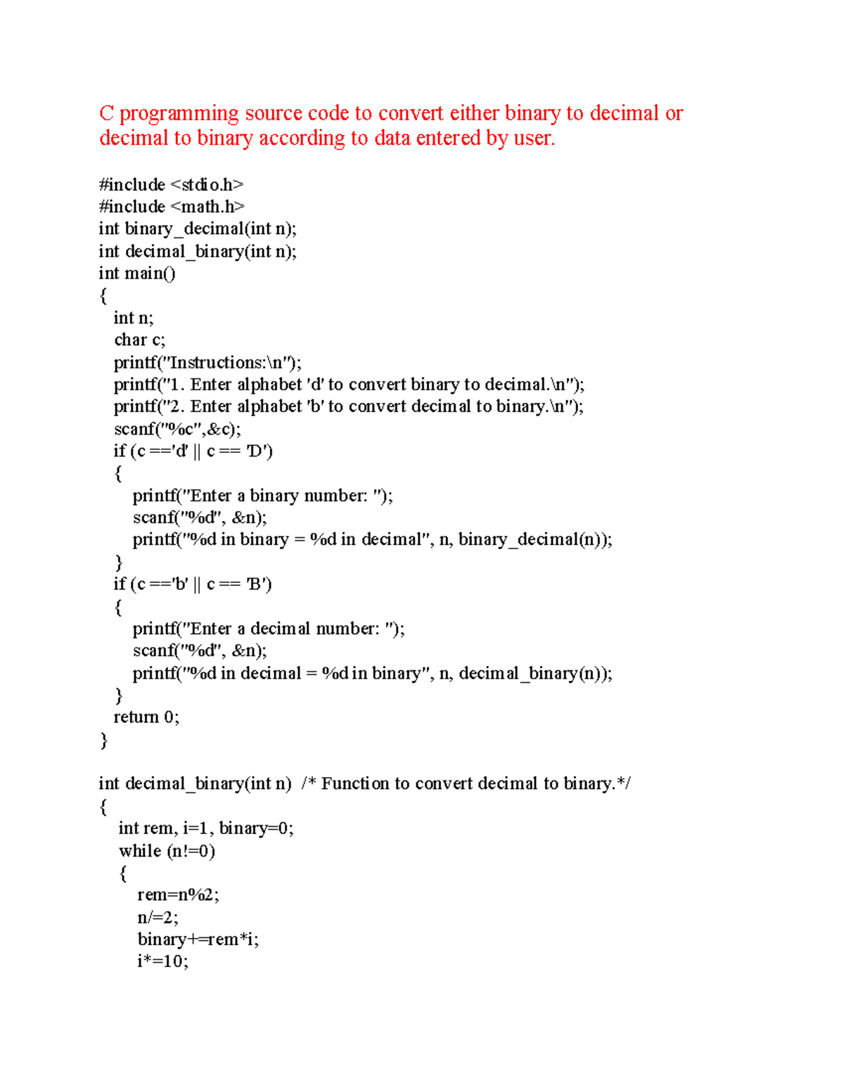 Function Programs - no info - C programming source code to convert ...
