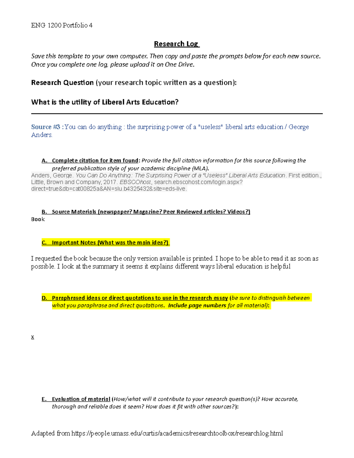 Research Log 3 - ENG 1200 Portfolio 4 Research Log Save this template ...