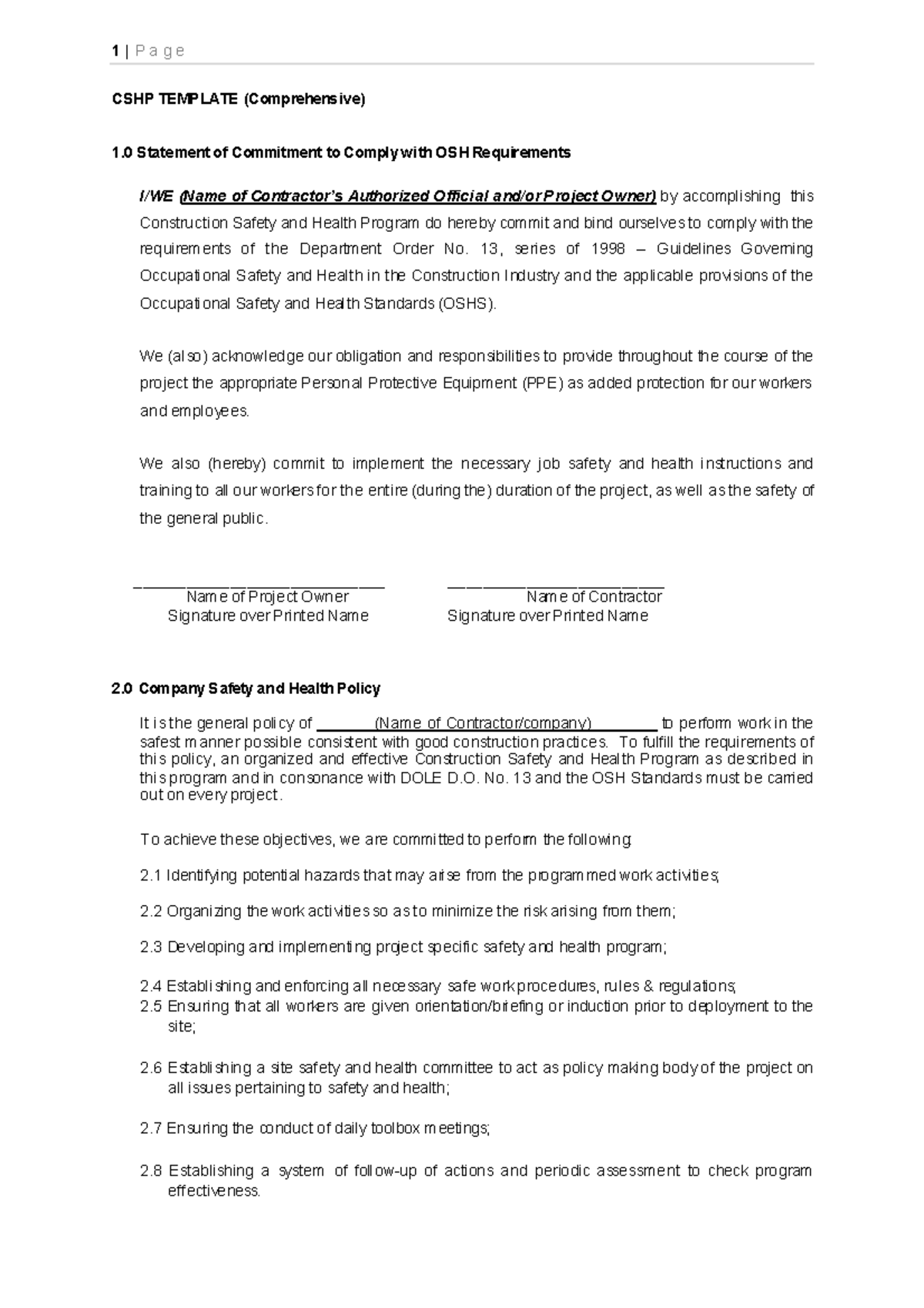 Cshptemplate-Comprehensive - CSHP TEMPLATE (Comprehensive) 1 Statement ...