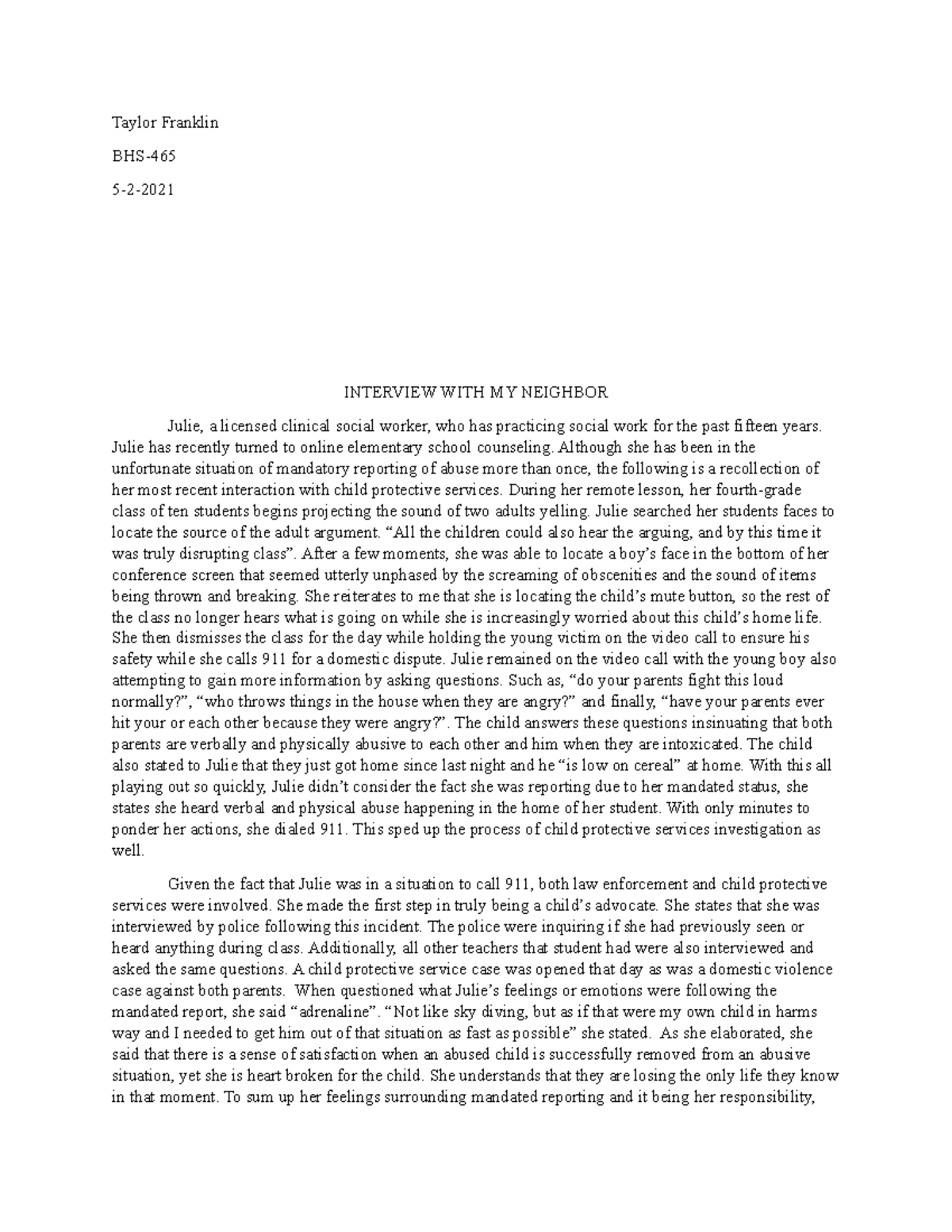 Interview with social worker asignment - Taylor Franklin BHS- 5-2 ...