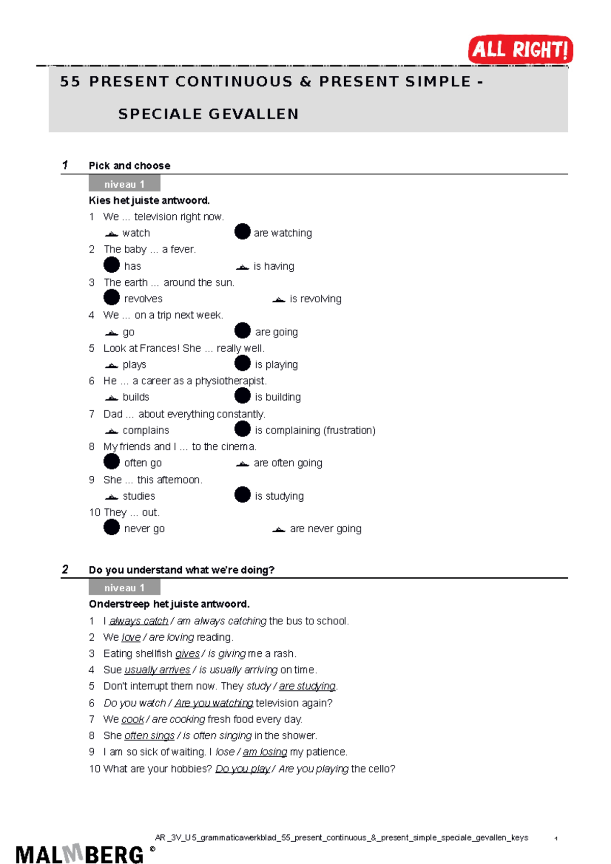 AR 3V U5 grammaticawerkblad 55 present continuous & present simple speciale gevallen keys - 55 ...